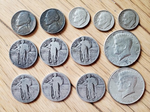 Mixed lot of 13 Silver Coins Standing Liberty Quarters Nickels Dimes ...