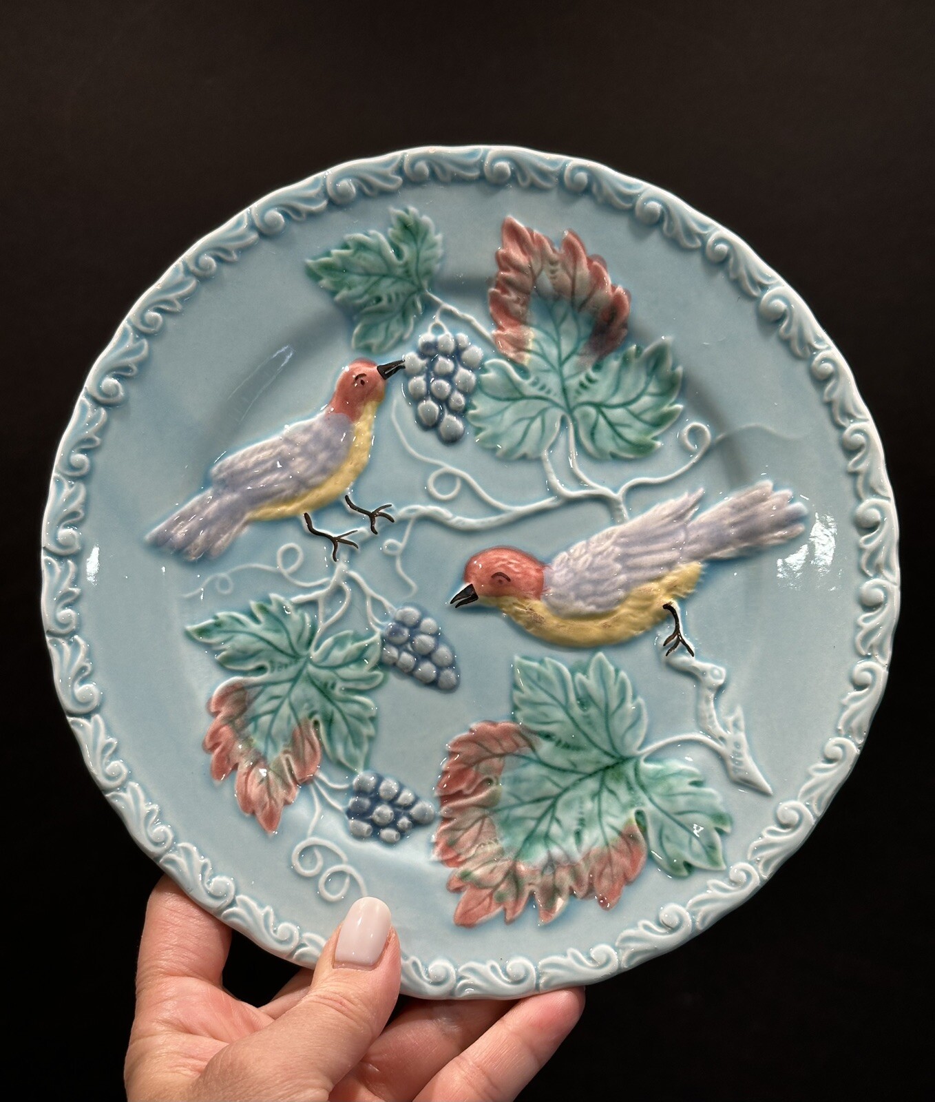 Antique 1900's Western Germany Turquoise Majolica Birds and Grapes ...
