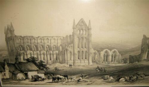 1842 Whitby Abbey Church, Yorkshire Lithograph of Queen w/ Burled ...