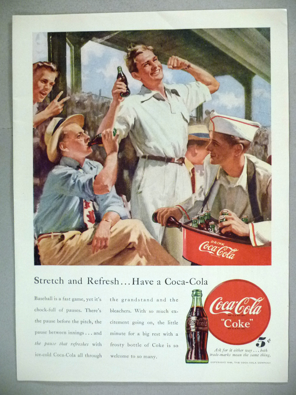 Coca-Cola PRINT AD - 1948 ~~ Coke, baseball game, stretch and refresh ...