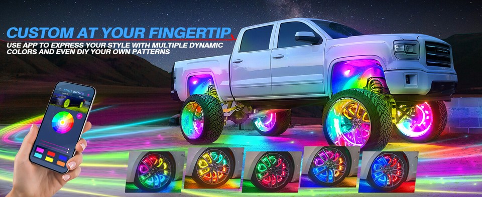 MICTUNING 4x 15" Inch Wheel Ring Lights 2-Row RGB-IC Dream Color Car ...