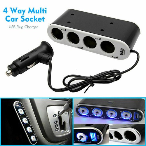 Car 12v 4 Way Socket Extension Cigarette Lighter Plug USB Charger Ports ...