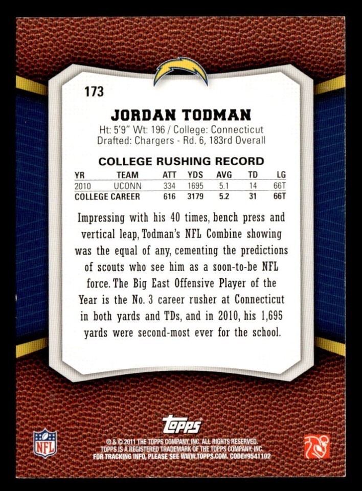 Jordan Todman 2011 Topps Rising Rookies Rookie Card #173 San Diego ...