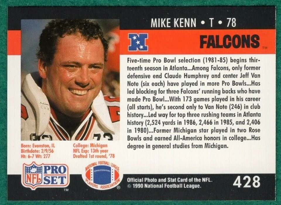 Mike Kenn - 1990 Pro Set #428 - Atlanta Falcons Football Card | eBay