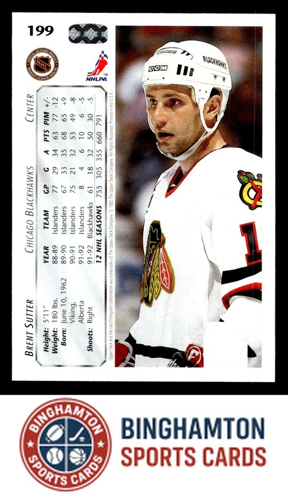 Brent Sutter 1992-93 Upper Deck Hockey Card #199b Chicago Blackhawks | eBay