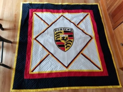 Porsche Emblem handmade quilt, car numbers along border, black, red ...