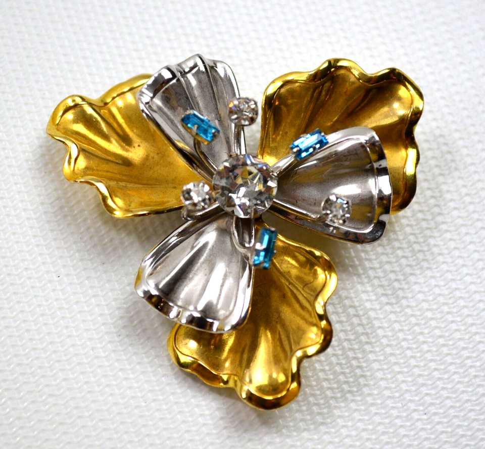 Vtg Gold Tone Brooch Pendant Flower Shaped 2-Tie Blue & Clear ...
