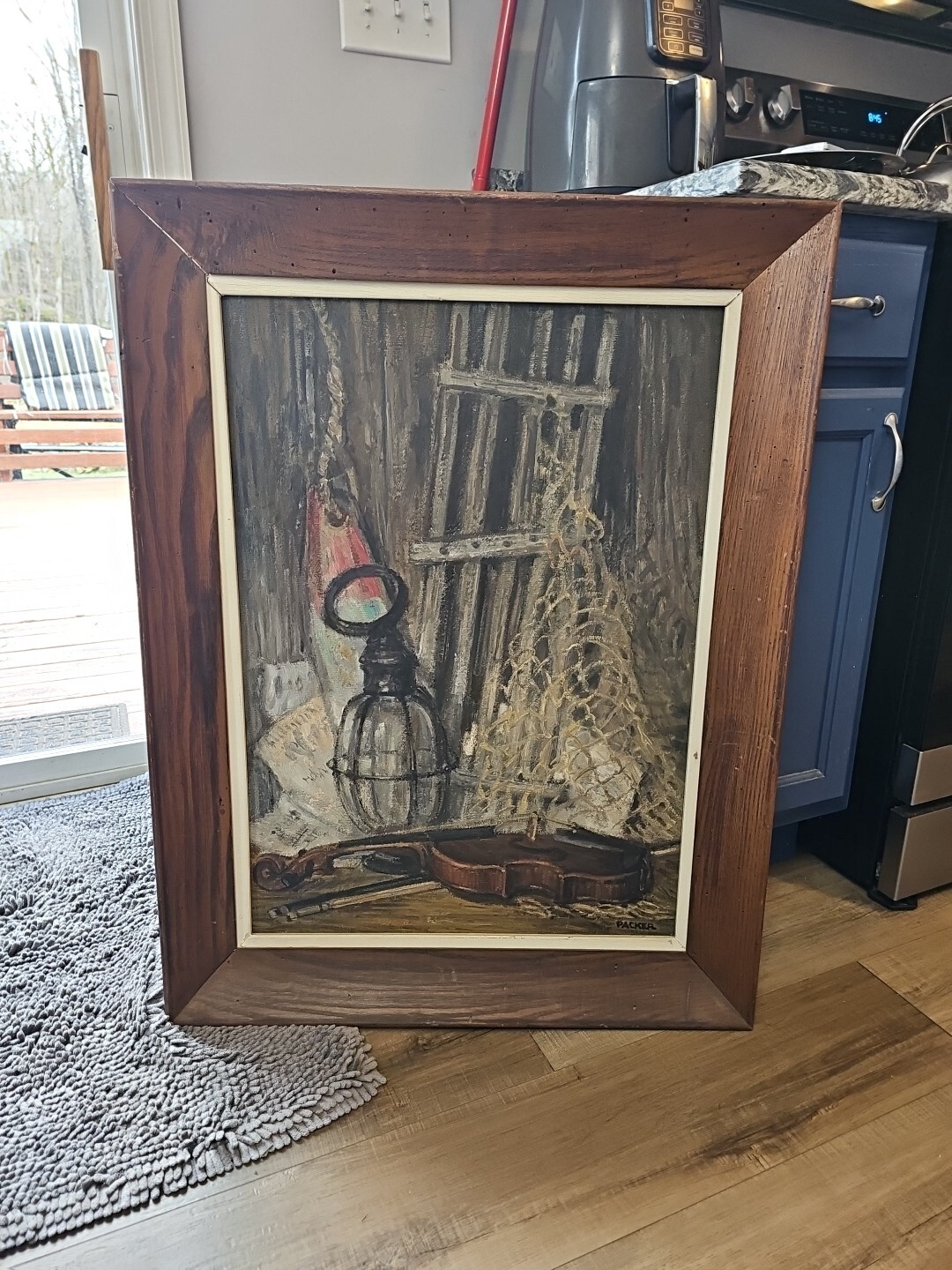 large Richard Packer original oil on canvas still life Lantern Violin ...
