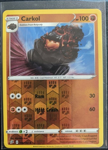 Pokemon TCG Carkol 106/192 Rebel Clash Reverse Holo Uncommon *pack ...