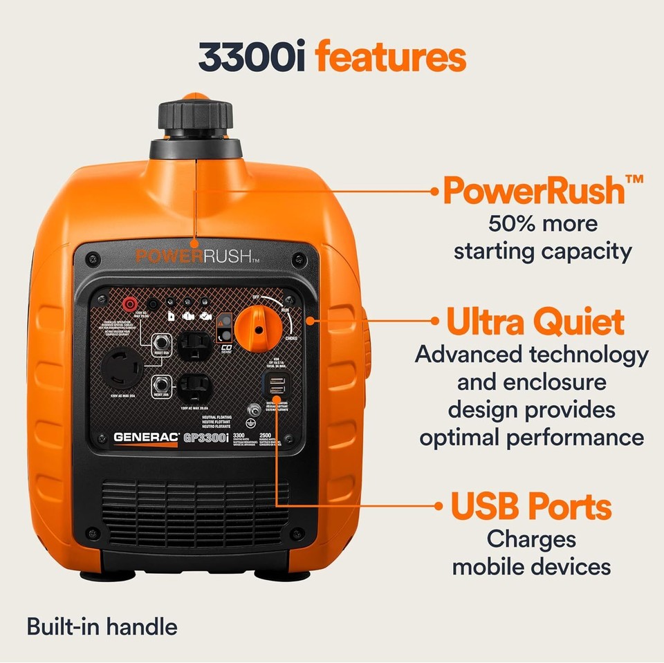 Generac 3,300-W Super Quiet Portable Gas Powered Inverter Generator w ...