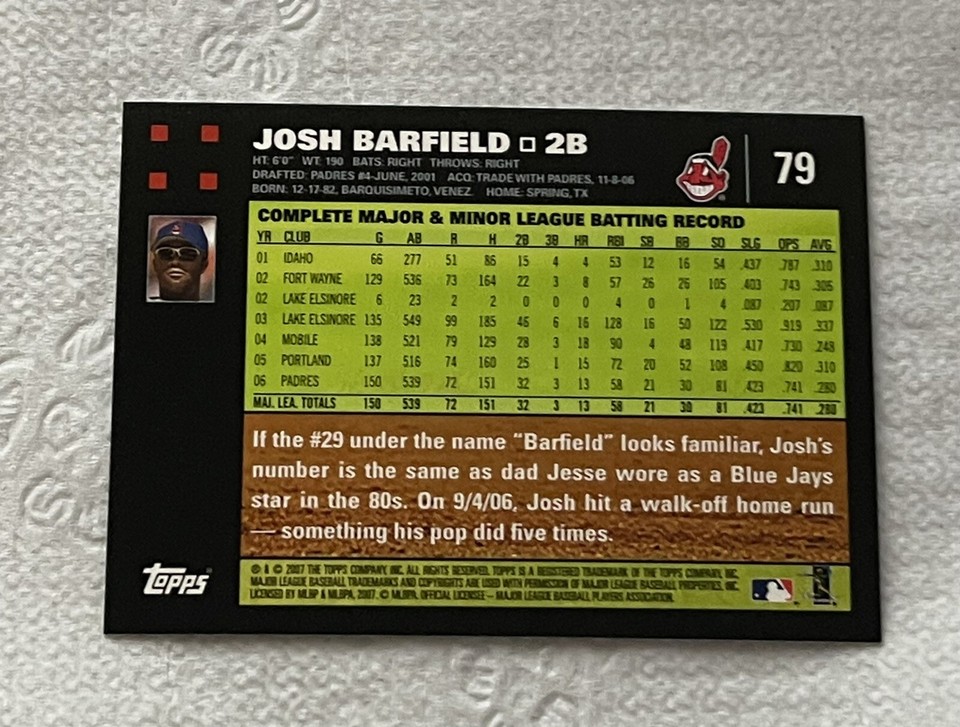 TOPPS 2007 MLB JOSH BARFIELD #79 2B CLEVELAND BASEBALL CARD | eBay