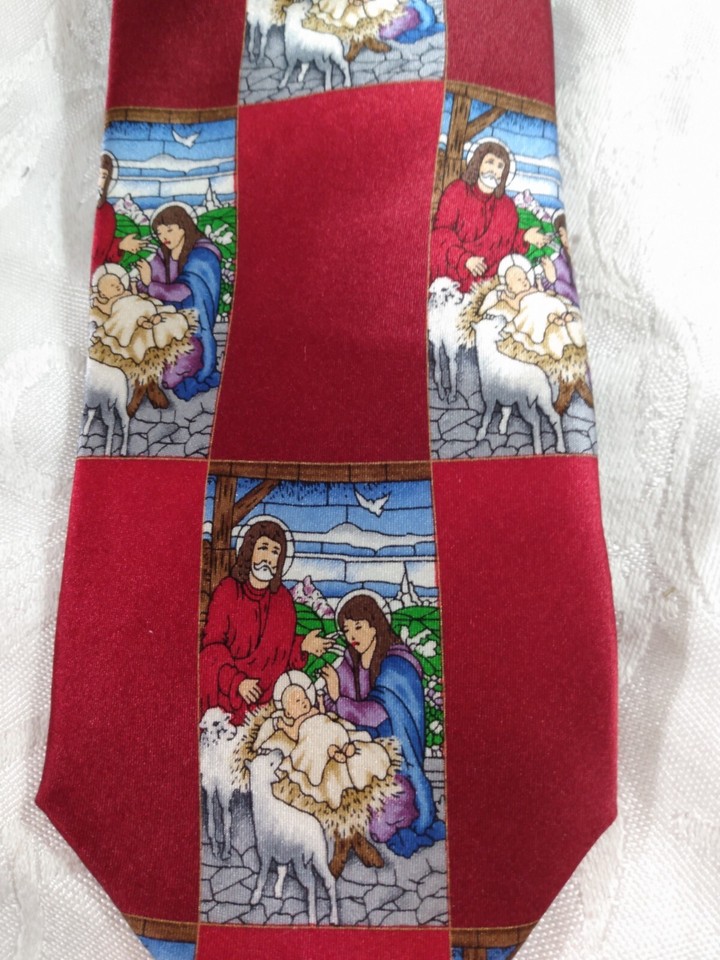 John Ashford Men's Silk Bethlehem Nativity Scene Neck Tie Red Check ...