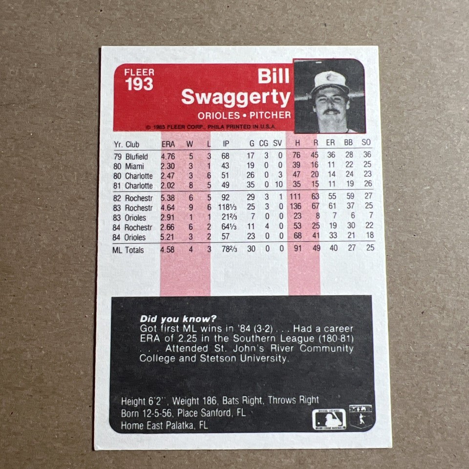 985 Fleer #193 Bill Swaggerty AUTO Baltimore Orioles MINT | eBay