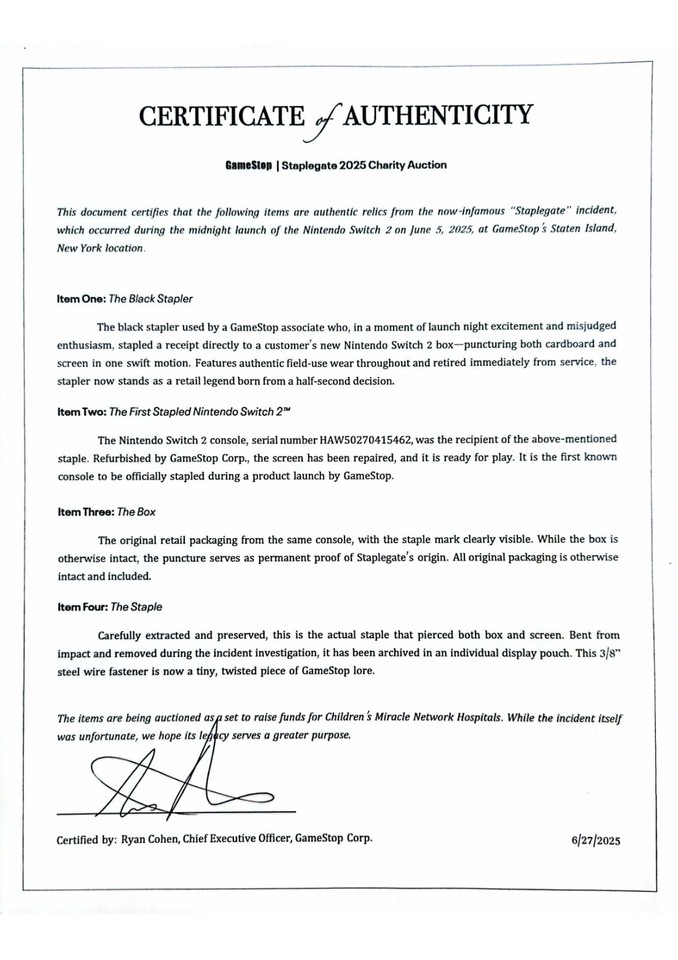 "GameStop Staplegate Charity Auction" | Nintendo Switch 2 & The Stapler ...