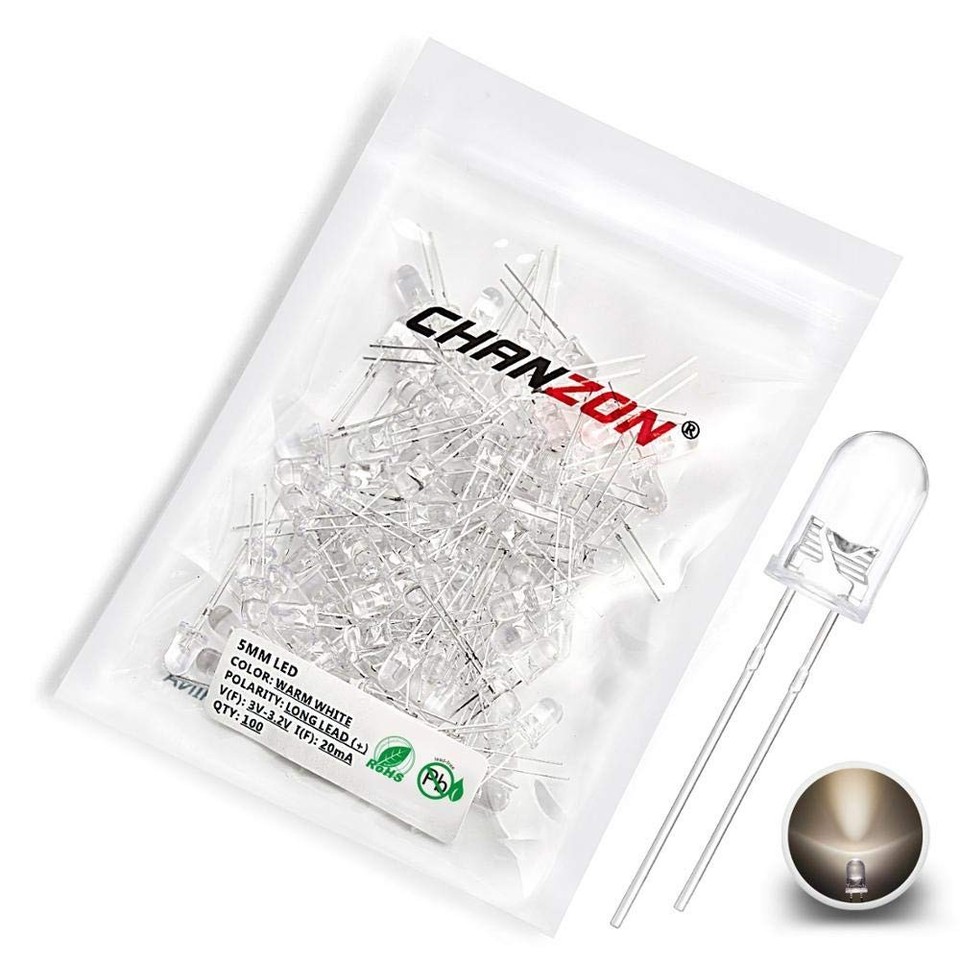 100 pcs 5mm Warm White LED Diode Lights Clear Round Transparent DC 3V ...
