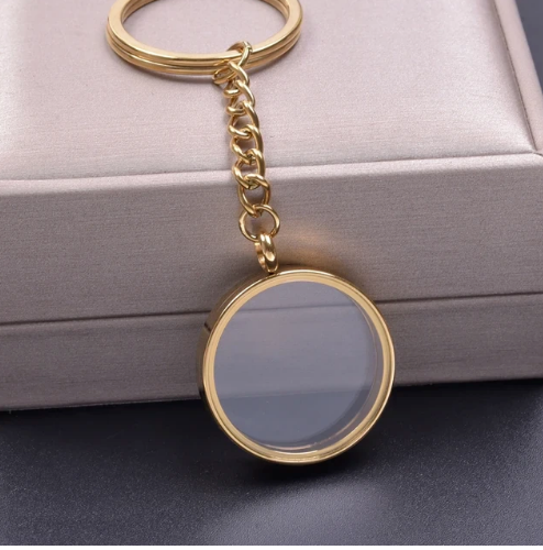 Round Glass Stainless Steel Keychain Holds Coins Charms 25 mm Holder ...
