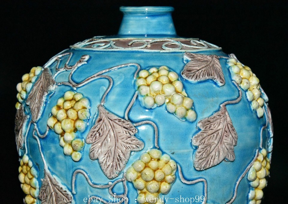 13" Old Chinese Yuan Dynasty Fahua Color Porcelain Grape Grapes Bottle ...