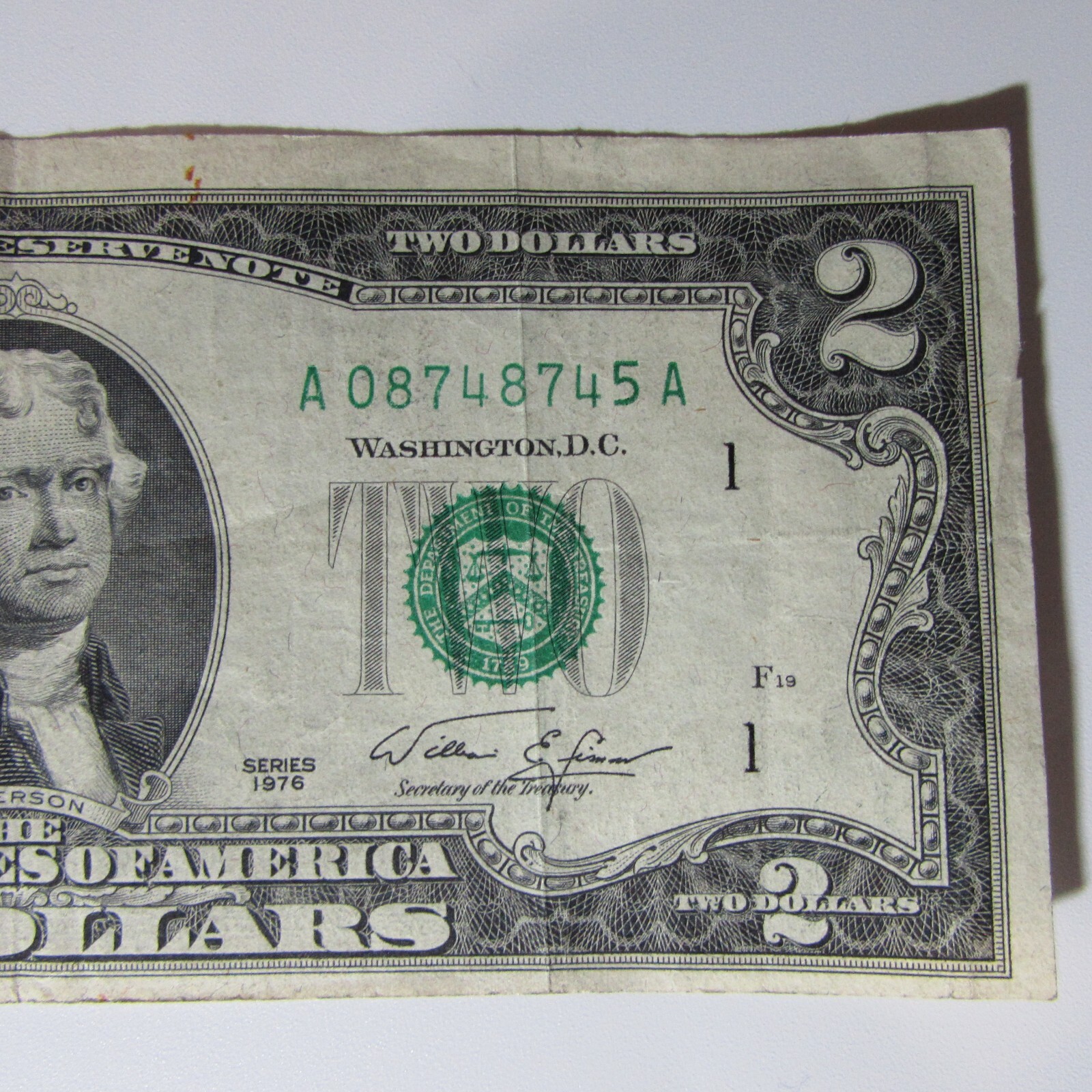 1976 $2 DOLLAR BILL RARE 'A' SERIES--REPEATER SERIAL NUMBER/LOW SERIAL ...
