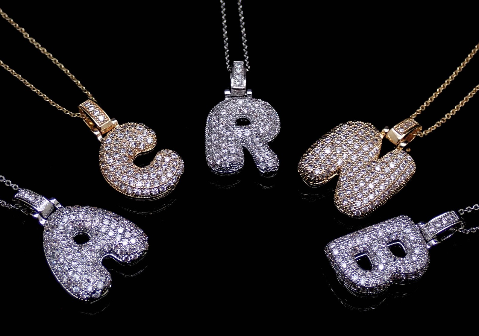 Bubble Letter Necklace, Balloon Initial Pendent, Crystal CZ Alphabet ...