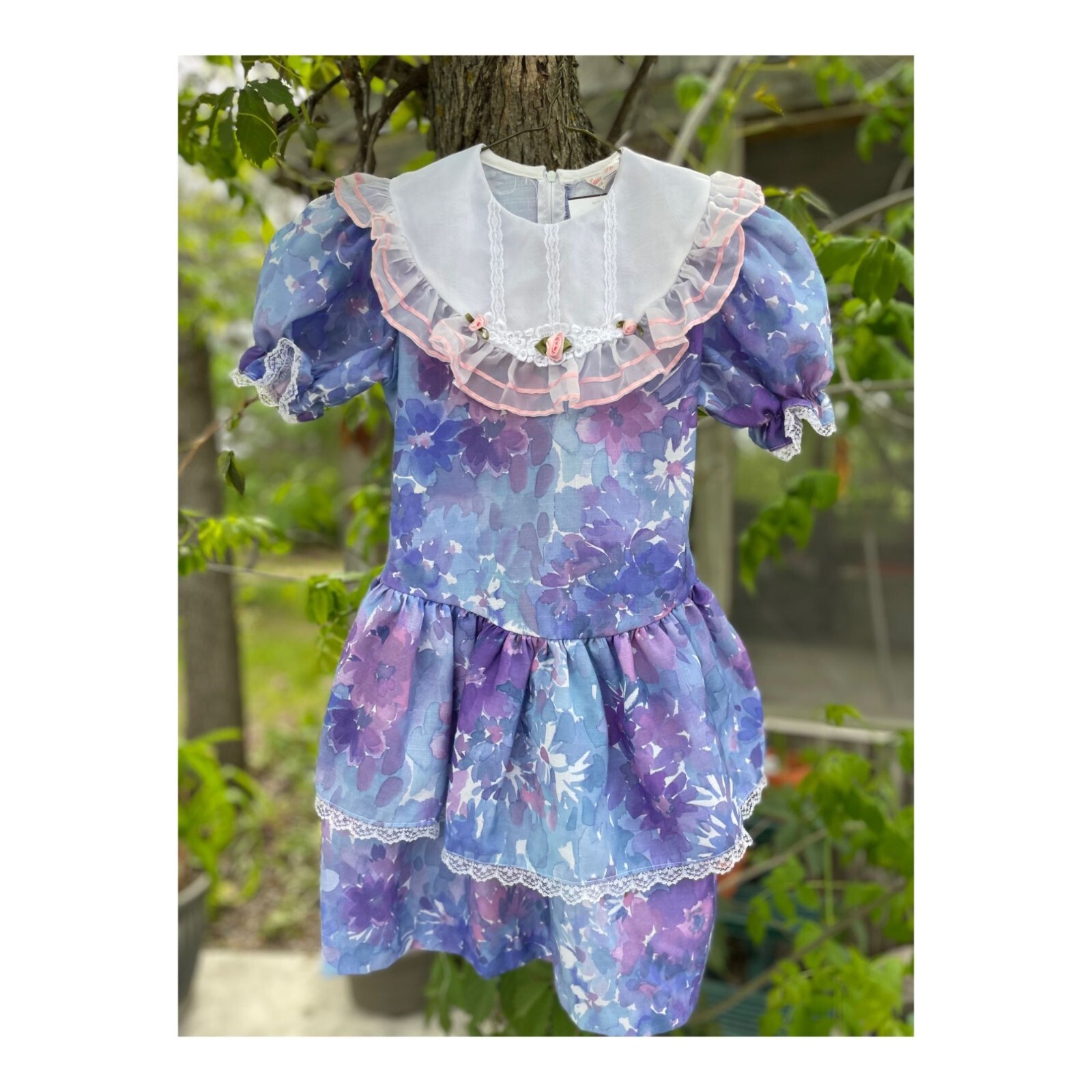 80s Princess Party Dress Puff Sleeve Ruffle Collar La… - Gem