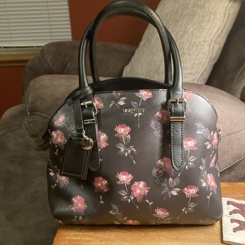 Nine West Purse Handbag Black Rose Color Floral 3 Compartments Zipper ...