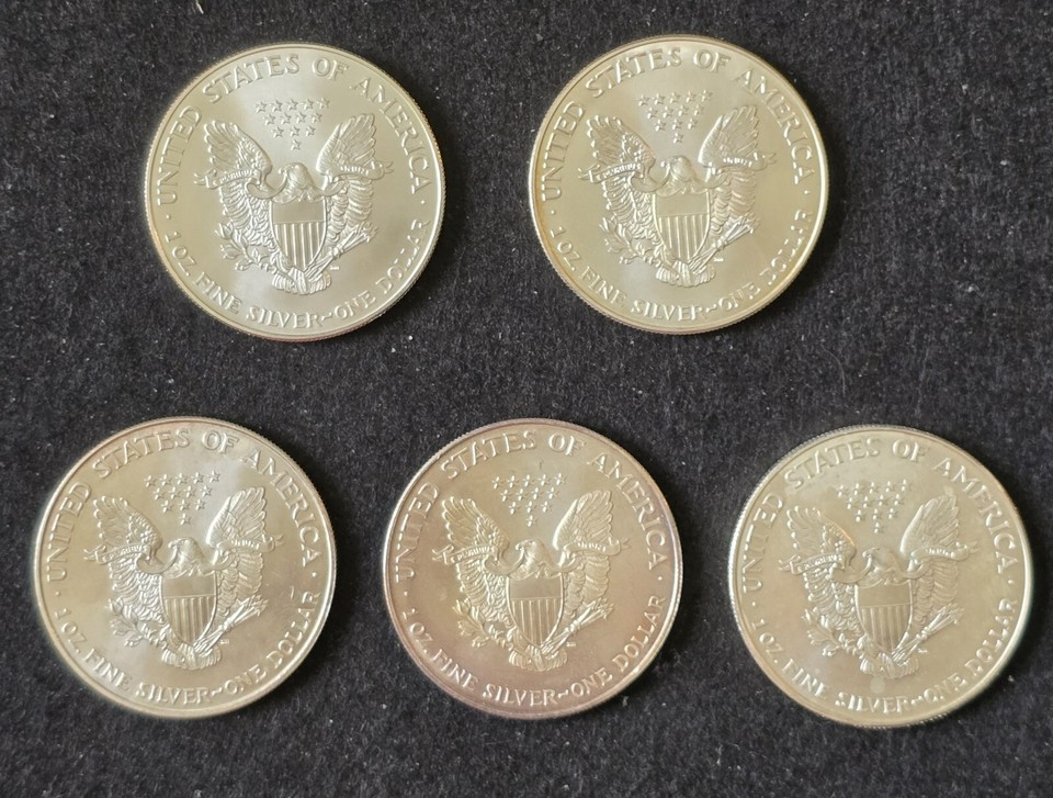 1995 American Silver Eagle 1oz Silver Coins - Lot Of 5 - Uncirculated ...