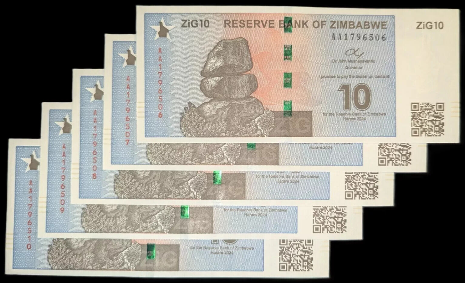 5 x 10 Zimbabwe Gold ZiG10 NEW 2024 Currency UNCirculated ZWG QR Code ...