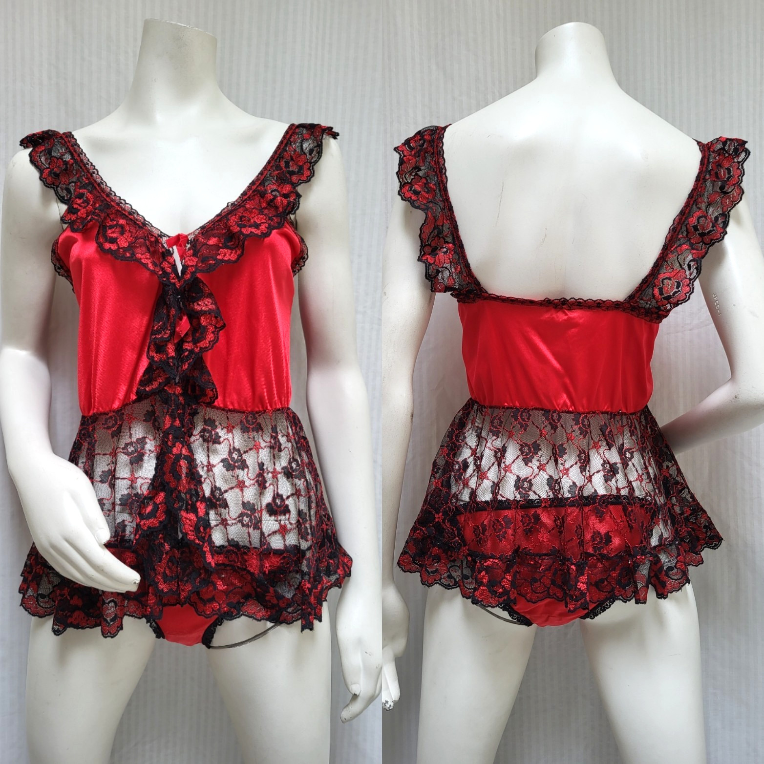Vintage Stroke of Midnight Sheer Red Black Lace Linge… - Gem