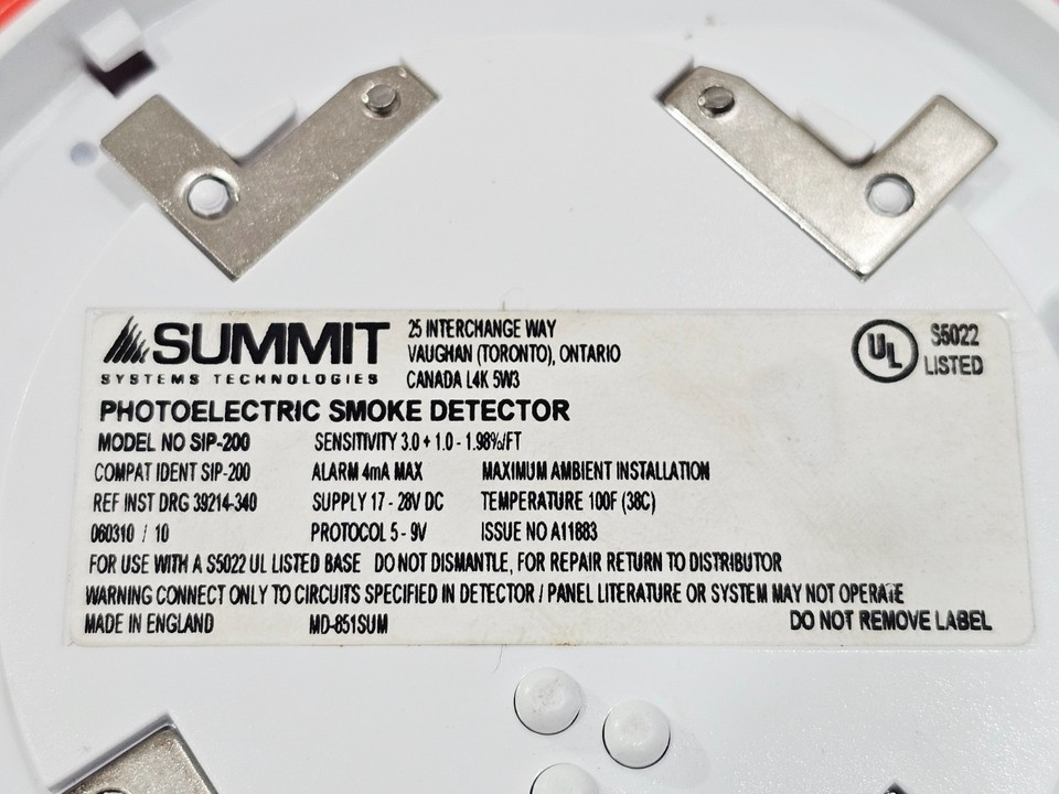 SUMMIT MODEL NO: SIP-200 Fire Alarm PHOTOELECTRIC SMOKE DETECTOR 17-28V ...