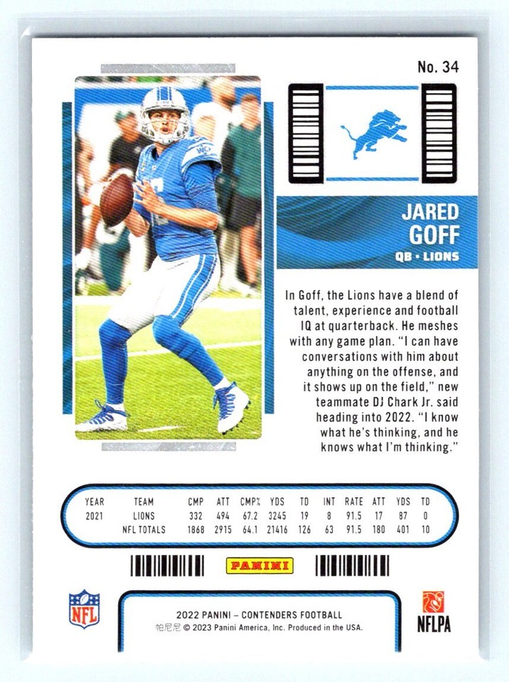 2022 Panini Contenders #34 Jared Goff | eBay