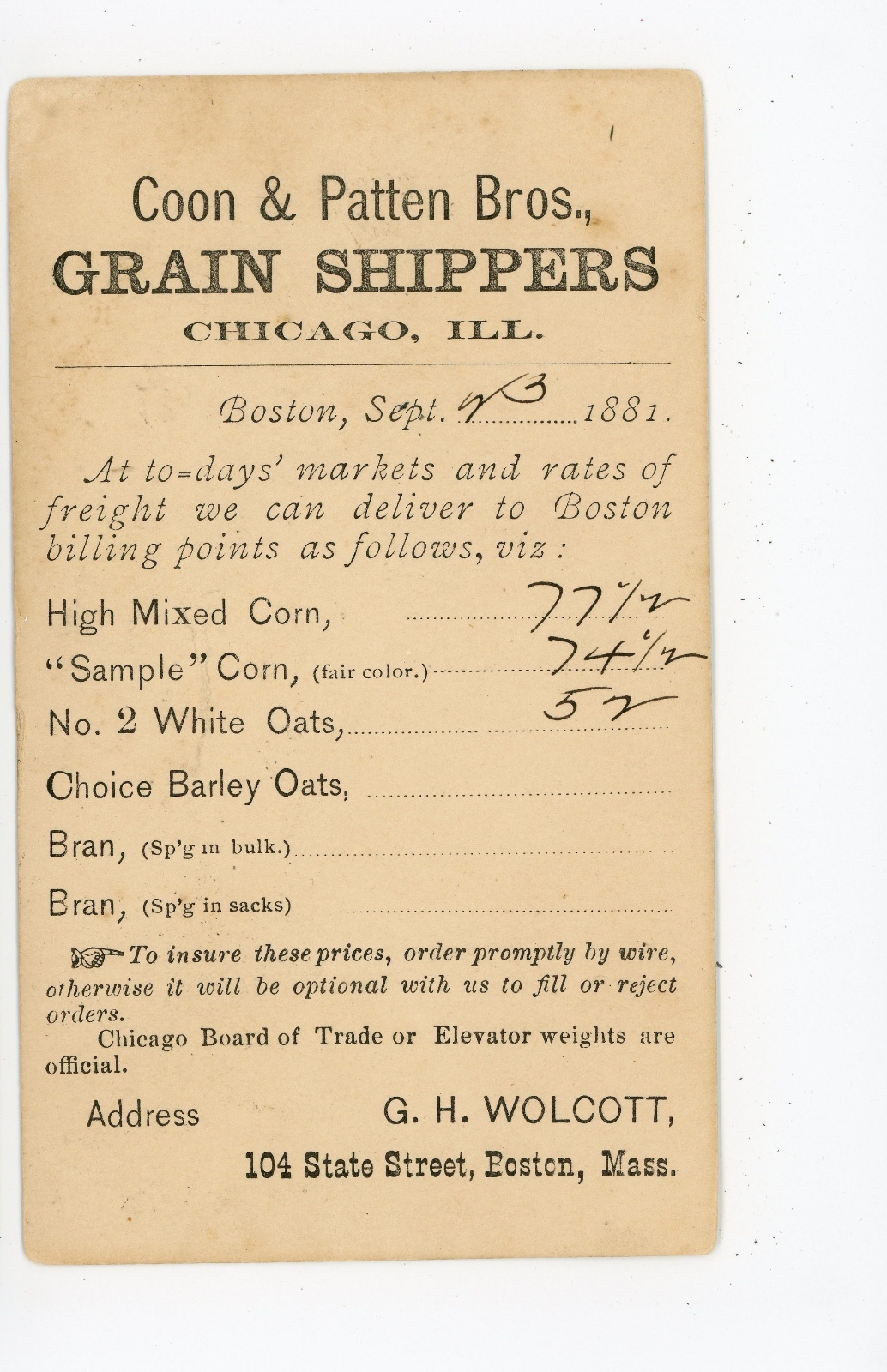 1881 Coon & Patten Bros CHICAGO Grain Dealers—Corn Oats—Early Antique ...