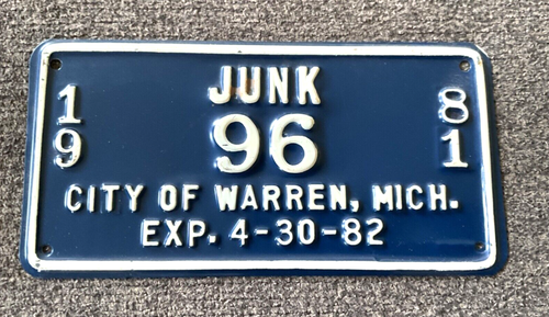 Nice Michigan 1981 WARREN JUNK license Plate Original paint RARE | eBay