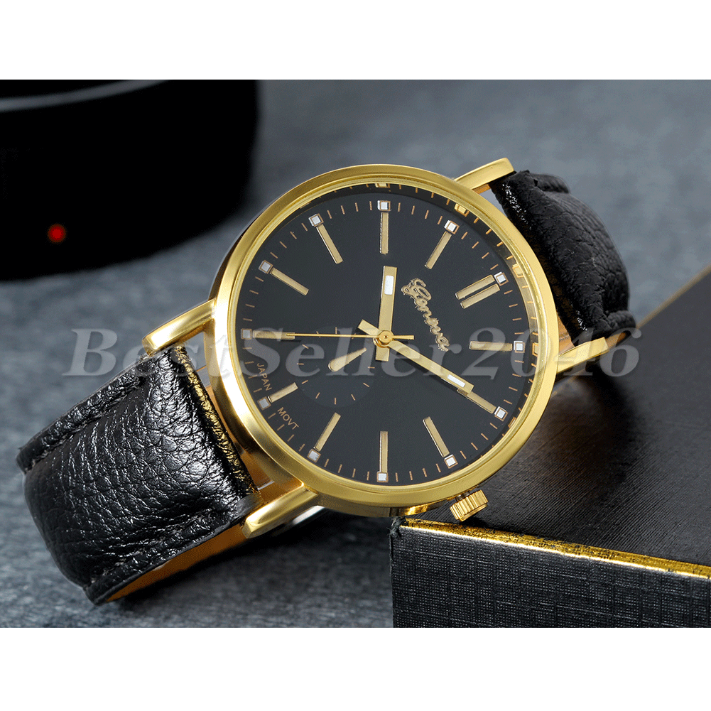 Classic Round Dial PU Leather Band Quartz Analog Wrist Watch Mens ...