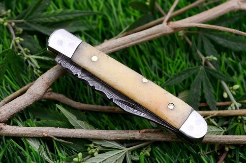 HAND FORGED Damascus Steel Mini Trapper Folding Pocket Knife Bone ...