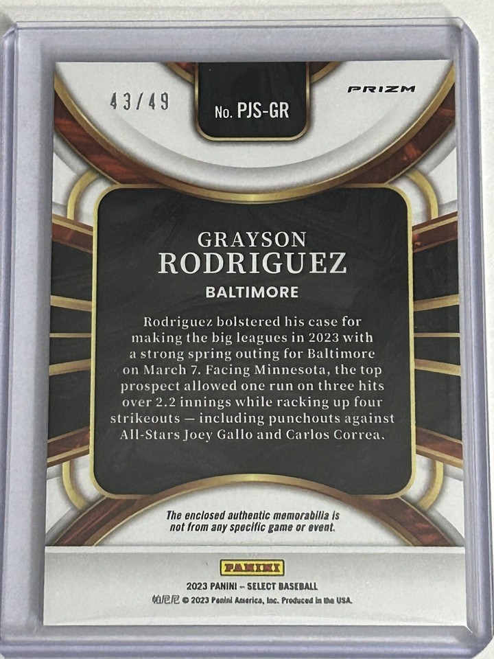 GRAYSON RODRIGUEZ BALTIMORE ORIOLES 2023 PANINI SELECT PATCH TRI-COLOR ...