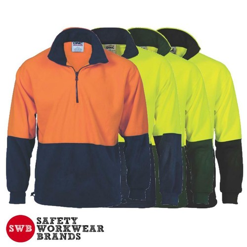 DNC Workwear Mens Hi Vis 2 Tone 1/2 Zip Polar Fleece Jumper Safety Work ...