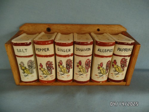 Old mini SPICE RACK 6 book shaped shakers Rooster Chicken Wood wall ...