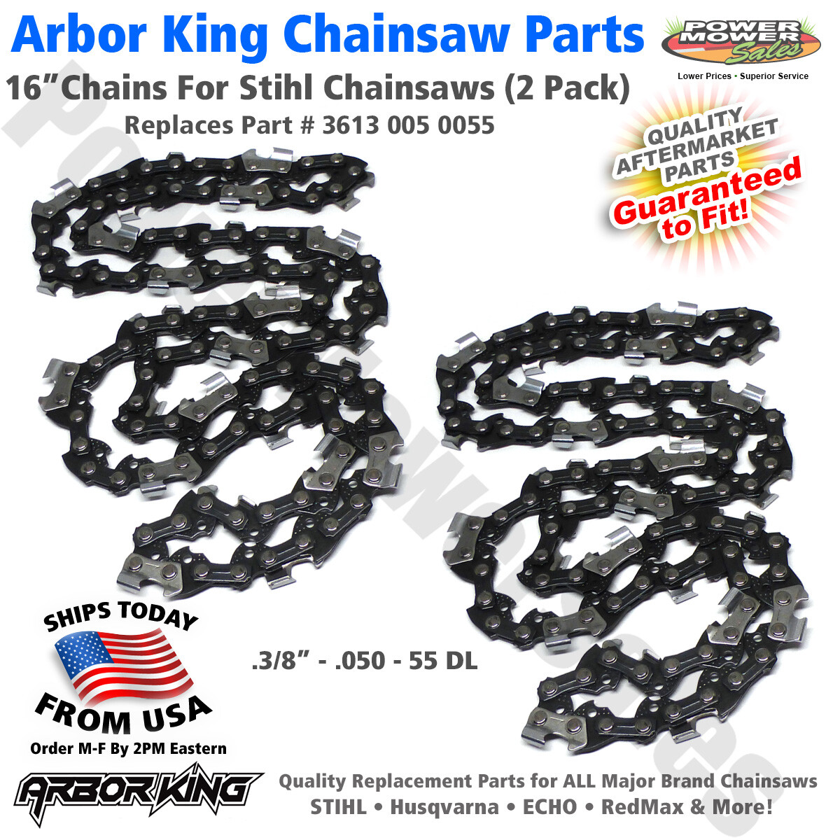 (2 Pack) 16” Chainsaw Chains 3/8 .050 55 DL Compatible with Stihl Low ...