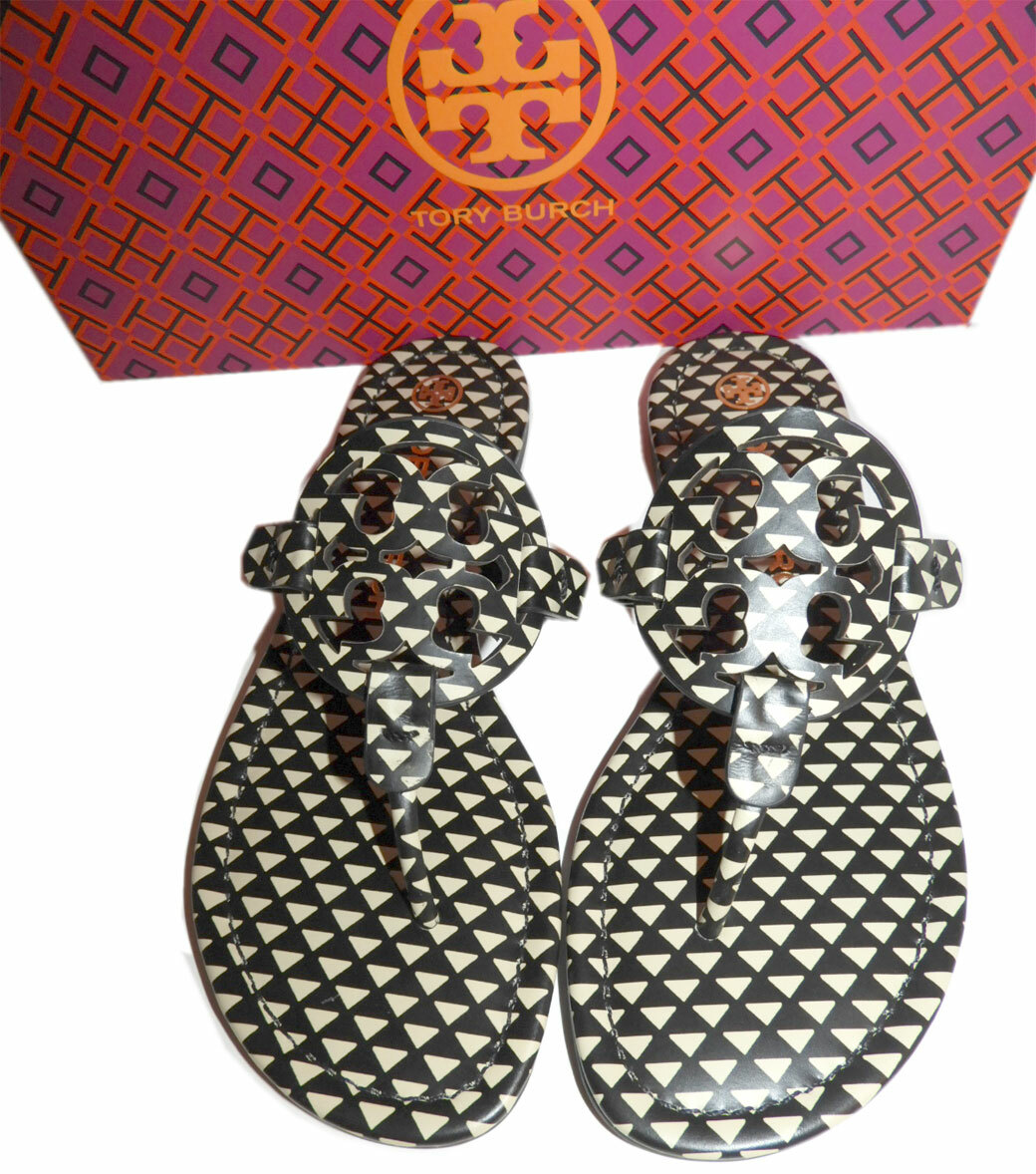 TORY BURCH Miller Thongs Leather Sandals Triangle Geo Flip Flops Slides ...
