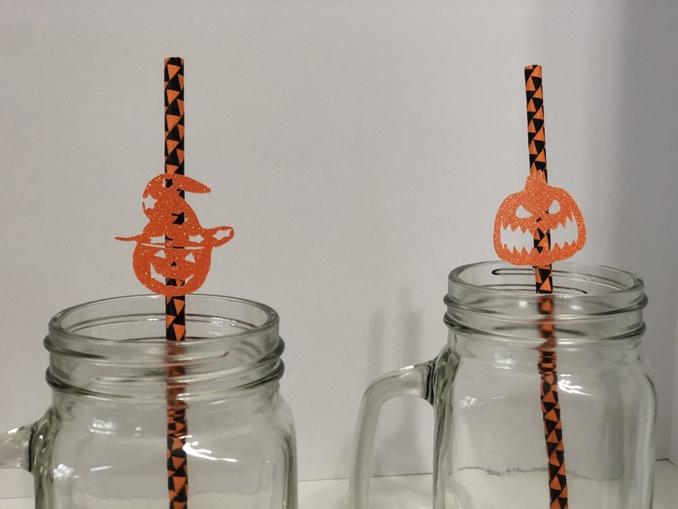 24 Paper Straws Halloween Party Glitter Orange Skull Birthday Black ...