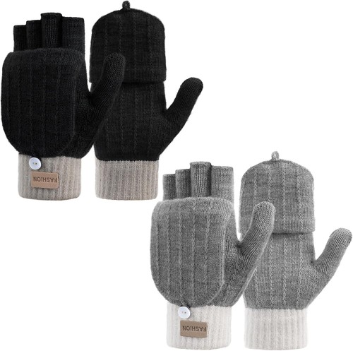 2 Pack Winter Convertible Fingerless Gloves Knit Mittens Flip Top Warm ...
