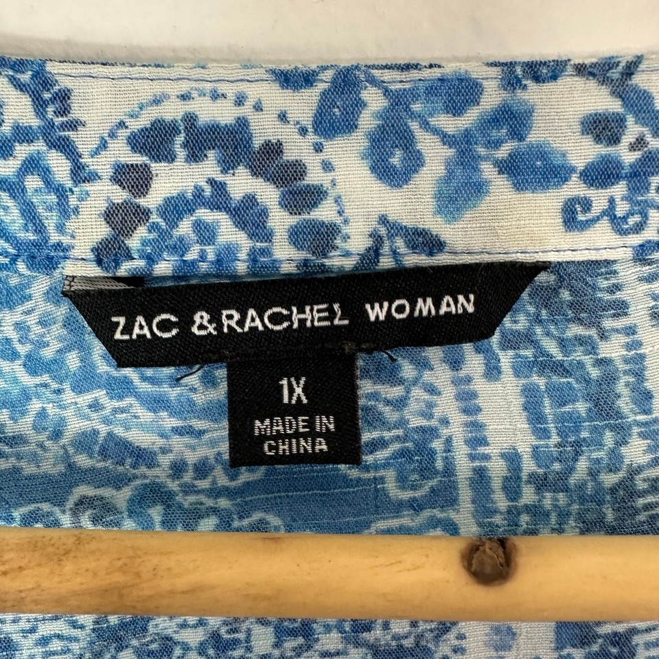 Zac & Rachel Button Up Top Blue White Paisley 1X Boho Festival Casual ...