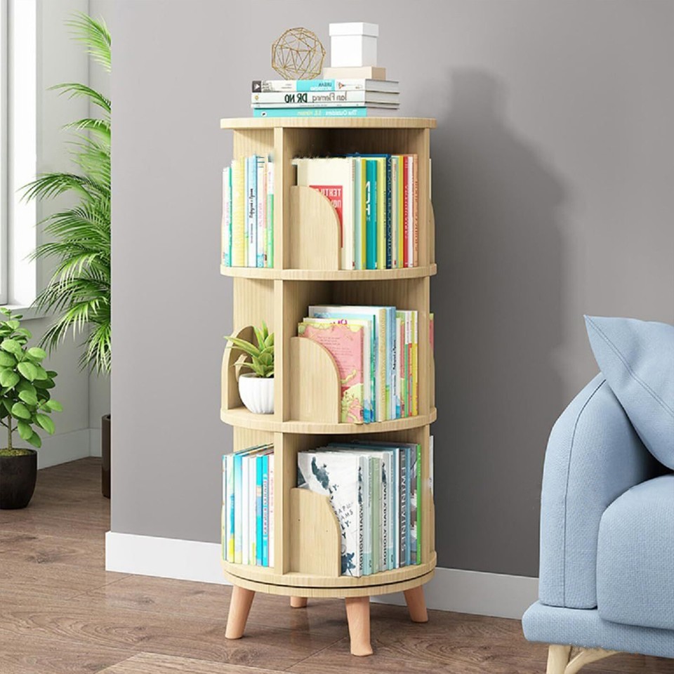 1-5 Tier Rotating Bookshelf 360°Solid Wood Spinning Bookshelf Revolving ...