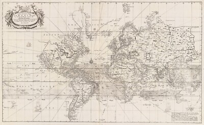 1711 World Map Mercator's Projection View of Winds and Variation Wall ...