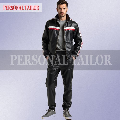 Men's Genuine Real Black Lambskin Leather Track Suit Sweatsuit Jogging ...