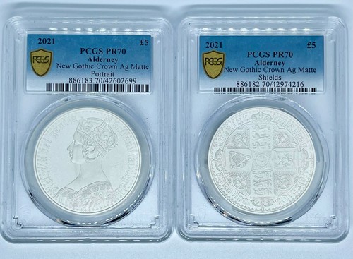 2021 New Gothic Crown Alderney PCGS PR70 Set of 2 £5 Matte Proof Coin ...