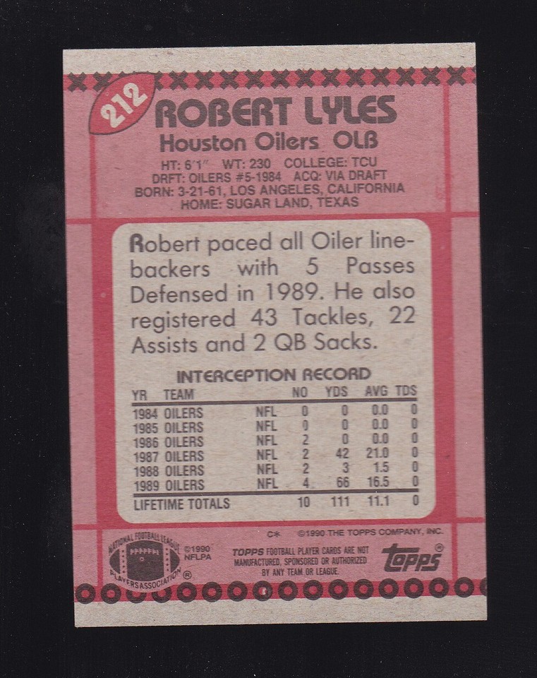 1990 Topps Robert Lyles #212 Houston Oilers | eBay