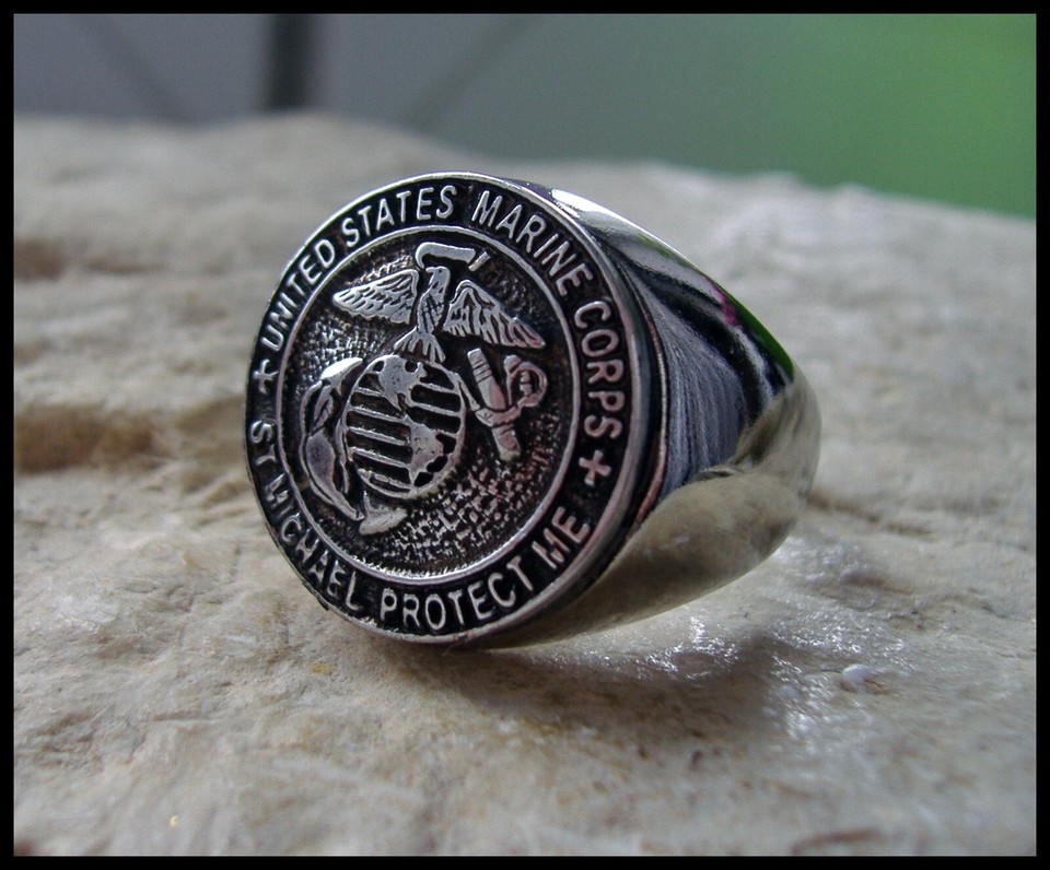 USMC MARINE CORPS RING USA ARMY ST MICHAEL PATCH SILVER PIN BAGUE [ D30 ...