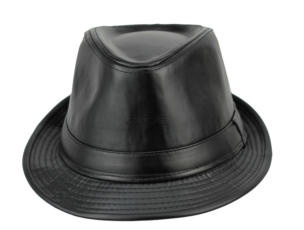 Unisex Mens Women Black Classic Faux Leather Trilby Hat Fedora Vintage ...