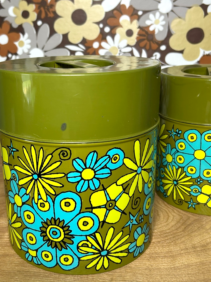Vintage Daisy Canister Blue Green HTF Metal Tin Flower Power 70s Japan ...